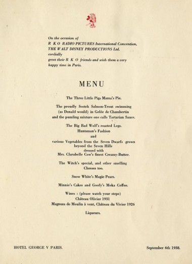 RKO Executives "Snow White" Lunch Menu (1938)